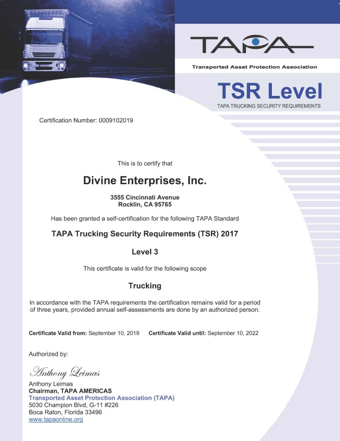 Certified Carrier: TAPA, GDP, ISO TSA, SMARTWAY, DUN & BRADSTREET