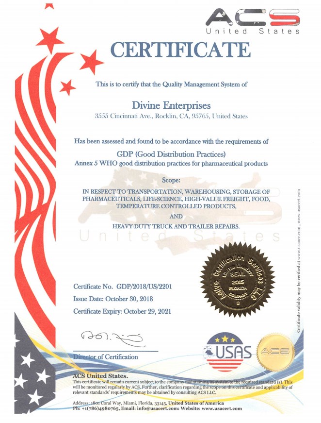 Certified Carrier: TAPA, GDP, ISO TSA, SMARTWAY, DUN & BRADSTREET